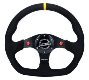 nrg innovations nrg-rst-024d-mb-sa-y reinforced steering wheel 320mm sport alcantara dual push buttons flat bottom with yellow center mark