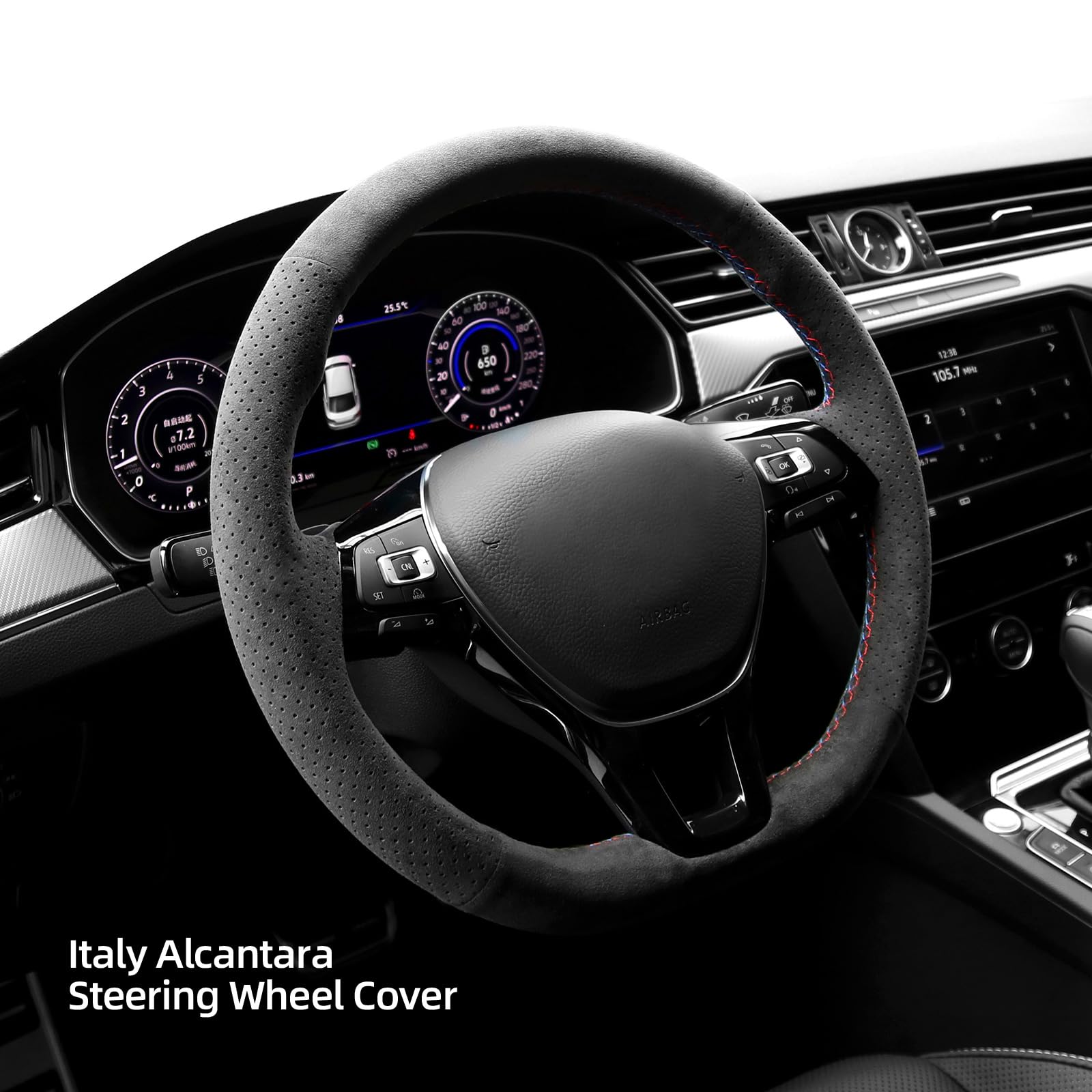 Alfanxi Hand Stitch Sewing Italy Alcantara Car Steering Wheel Cover Wrap for Volkswagen Atlas/Golf/Jetta/Passat/e Golf(Black Alcantara with Dots+No Stripes)