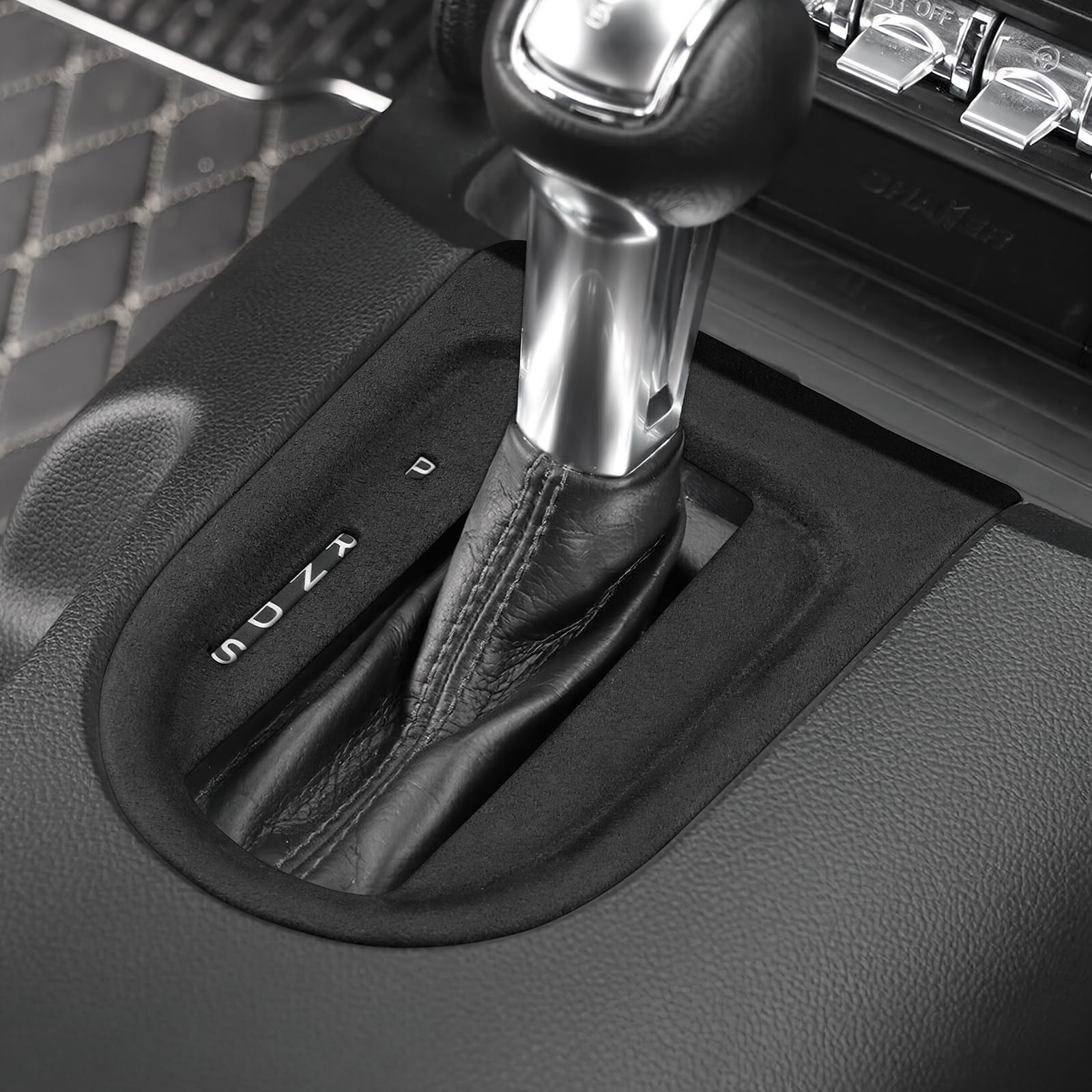 FDAIUN Car Gear Shift Box Panel Frame Shift Knob Cover Alcantara Style Interior Decoration Accessories for Ford Mustang 2015 2016 2017 2018 2019 2020 2021 2022（Black 1pcs）