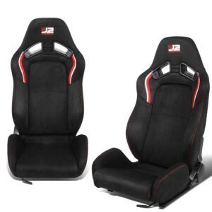 j2 engineering j2-rs-003-bk red stitching alcantara reclinable back rest racing bucket seats for 4 point harness, 38" h x 21" w x 23" d, 1 pair