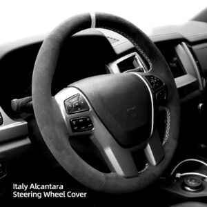 Alfanxi Hand Stitch Alcantara Steering Wheel Cover Compatible with Ford Ranger Lariat XL XLT Everest 2016-2019 (White Stripe)