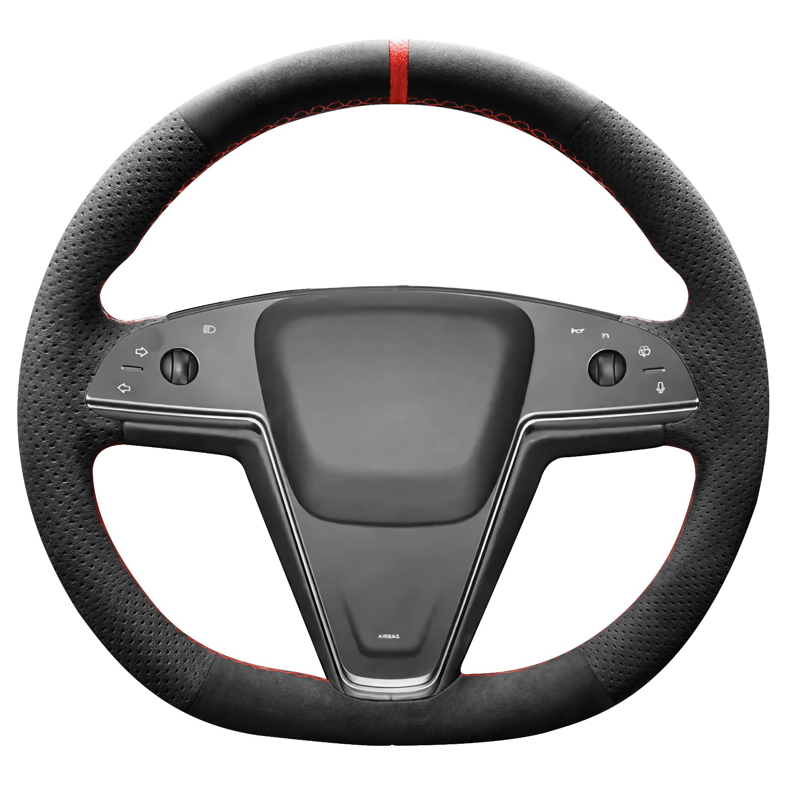 Alfanxi Hand Stitch Alcantara Steering Wheel Cover Compatible with Tesla Model S Base Plaid (Red Stripe)