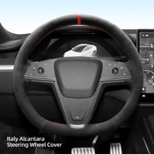 Alfanxi Hand Stitch Alcantara Steering Wheel Cover Compatible with Tesla Model S Base Plaid (Red Stripe)