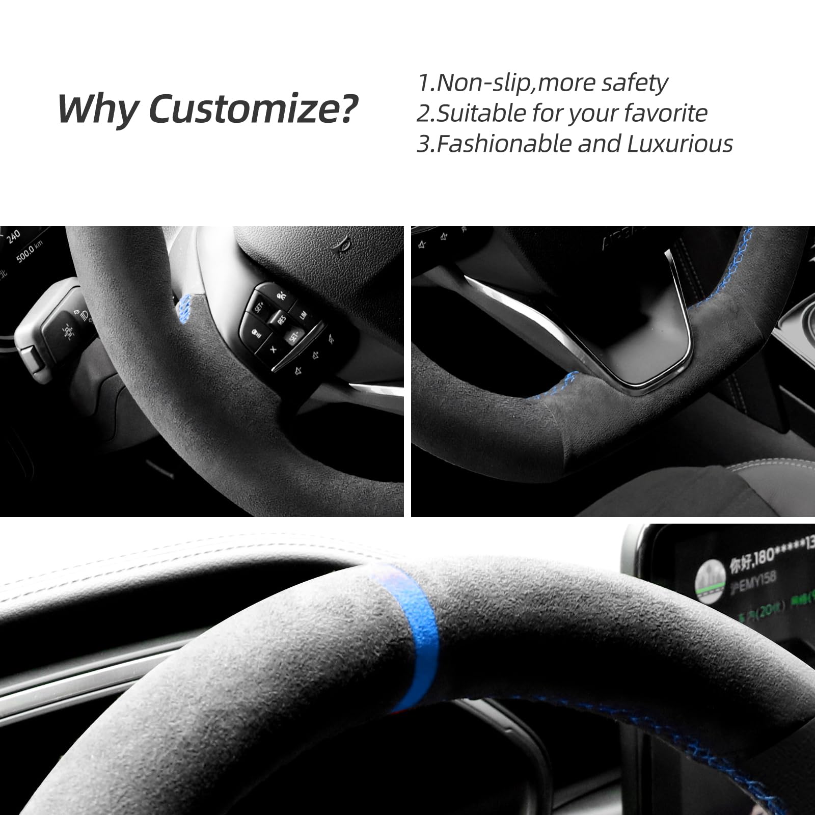 Alfanxi Hand Stitch Alcantara Steering Wheel Cover Compatible with Ford Focus Fiesta Kuga Puma ST ST-Line 2017-2020 (Blue Stripe)