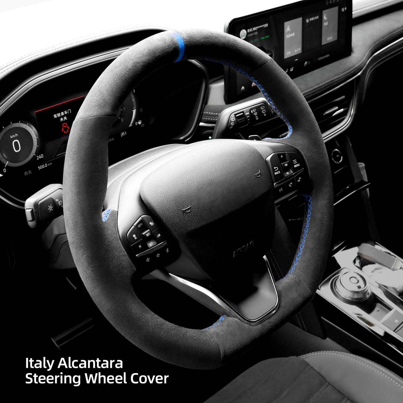 Alfanxi Hand Stitch Alcantara Steering Wheel Cover Compatible with Ford Focus Fiesta Kuga Puma ST ST-Line 2017-2020 (Blue Stripe)