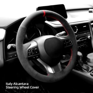 Alfanxi Hand Stitch Sewing Italy Alcantara Car Steering Wheel Cover Wrap for Lexus GS 350/GX 460 (Black Alcantara with Dots+Red Stripe)