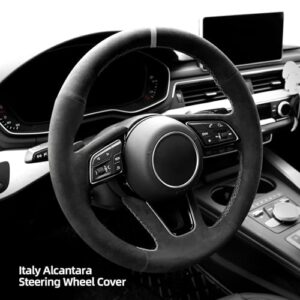 Alfanxi Hand Stitch Alcantara Steering Wheel Cover for Audi A3 A4 A5 S4 Q2 Q3 RS5 S5 Premium with Shift Paddles (White Stripe)