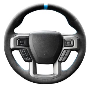 alfanxi hand stitch alcantara steering wheel cover compatible with ford f-150 f-150 raptor 2015-2020 (blue stripe)