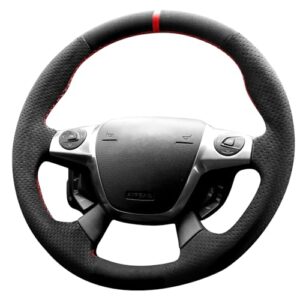 alfanxi hand stitch alcantara steering wheel cover compatible with ford focus 3 st c-max energi hybrid kuga 2012-2016 (red stripe)