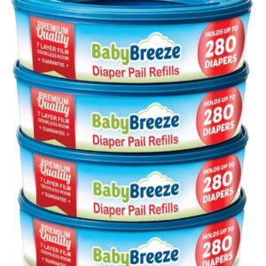 BabyBreeze Diaper Pail Refill Bags Compatible with Playtex Diaper Genie Pails Odor Absorbing Diaper Disposal Trash Bags - 1120 Count (4-Pack)