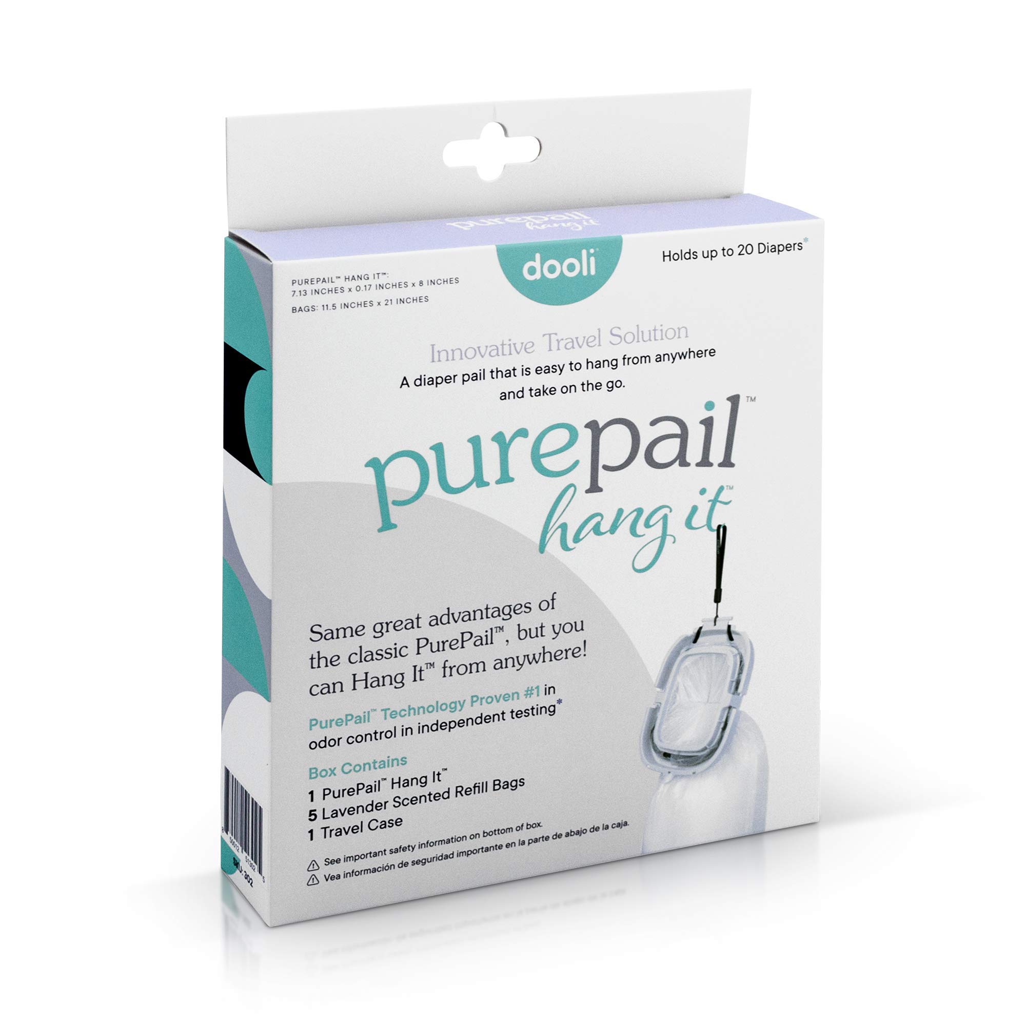 PurePail Hang It Diaper Disposal System – White – Odor Control for On-the-Go – Hang from Anywhere – Perfect for Car & Grandparents – Includes 1 Hang It + 5 Lavender Scented Refill Bags + 1 Travel Case