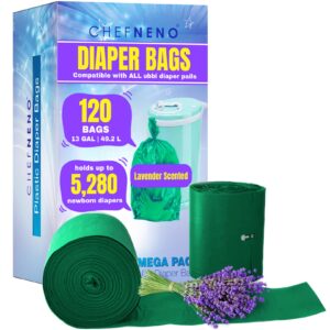 disposable diaper pail refill plastic bag (120 count) compatible with ubbi diaper bag pail 13 gallon capacity green eco-friendly diaper pail bag (120 ct., lavender scented)