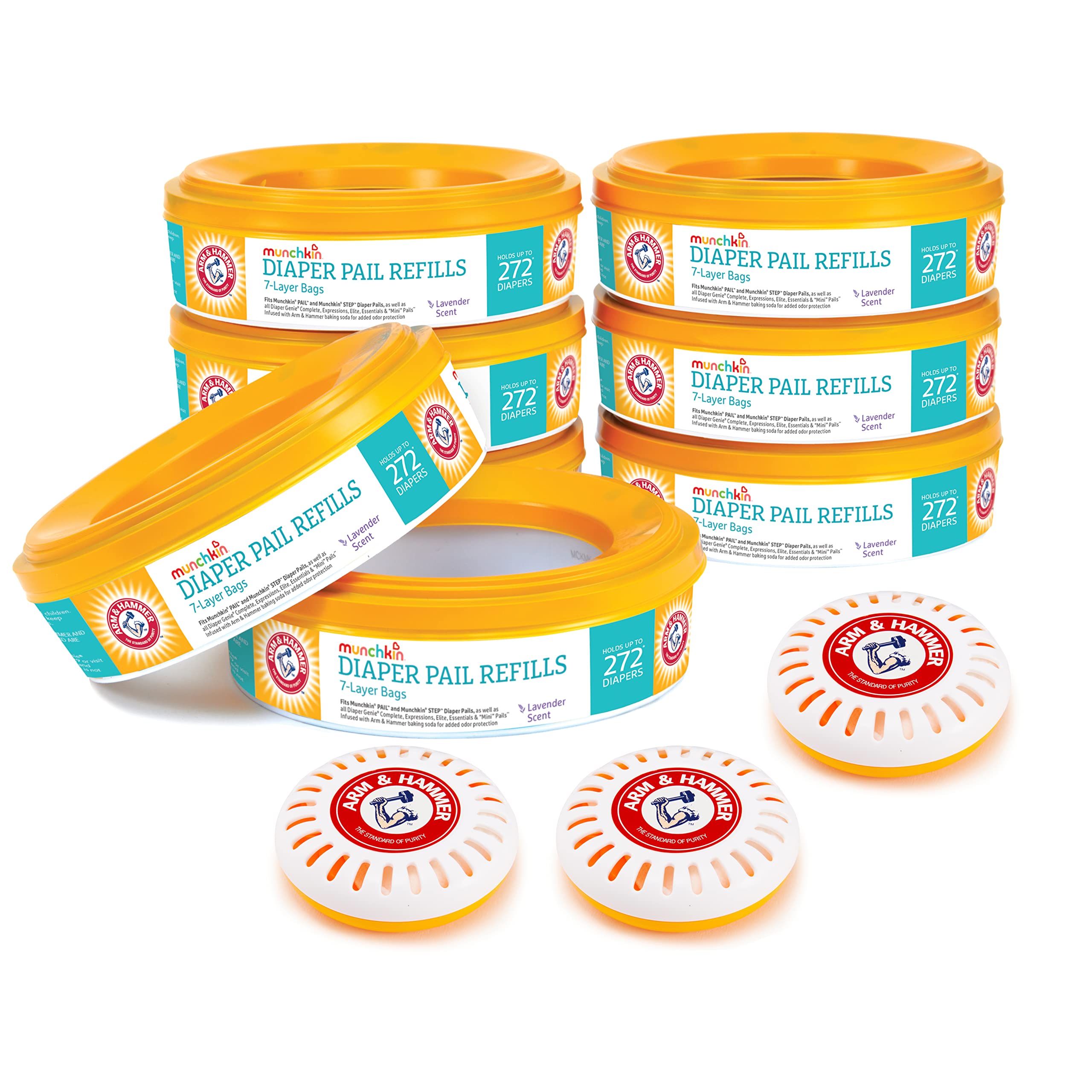 Munchkin® Arm & Hammer Diaper Pail Refill Rings, 2,176 Count, 8pk (272 Count each) and 3pk Puck Baking Soda Cartridge