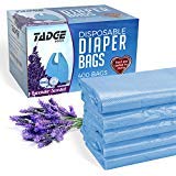 tadge goods baby disposable diaper bags 400 pack scented with lavender - odor absorber biodegradable plastic diaper sacks for trash bag essential items - bags for dirty diapers - refill 400 count