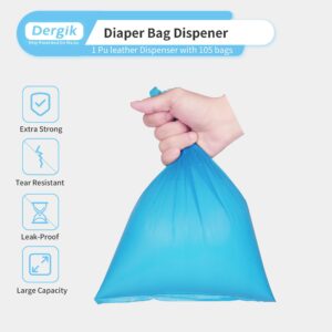 Dergik LEATHER Diaper Bag Dispenser | 105 Disposable Diaper Sacks (7 Pack Diaper Bags Refills) for Baby and Toddler Poop or Dirty Clothes | Portable Travel Essential and On the Go, Brown