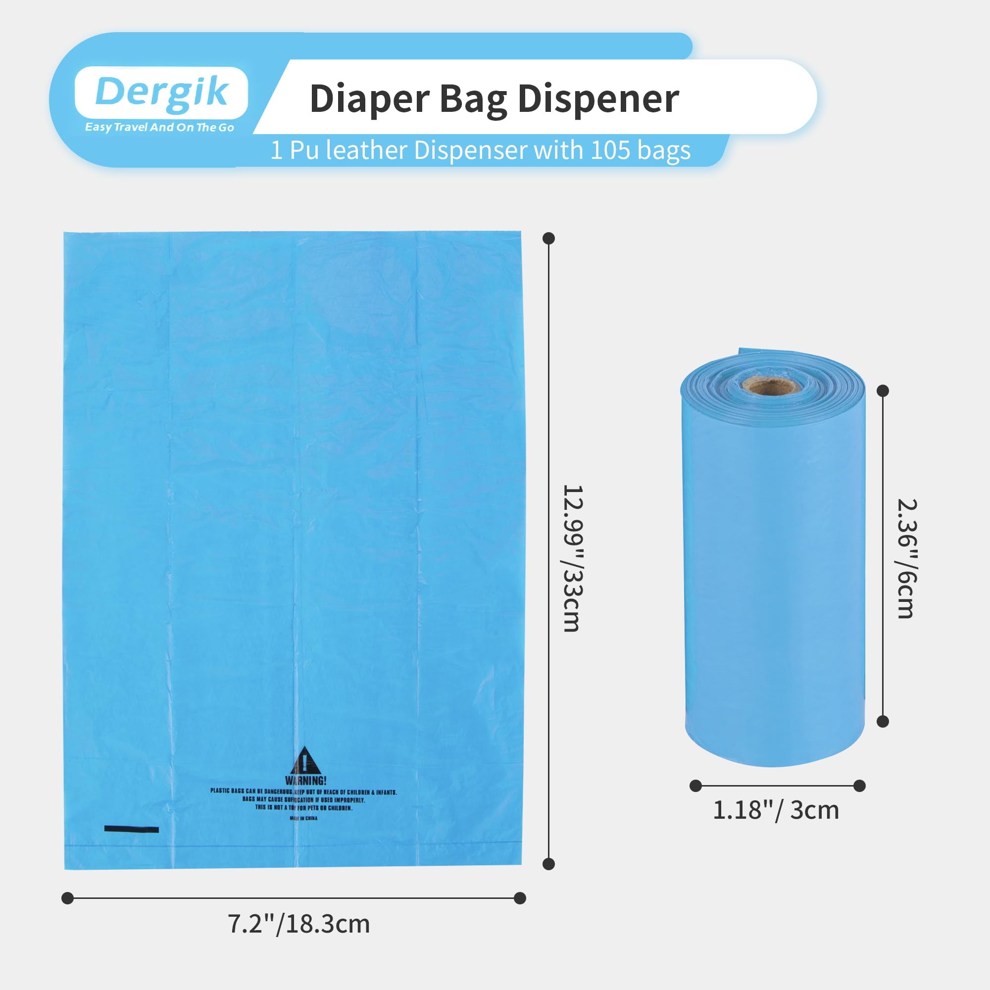 Dergik LEATHER Diaper Bag Dispenser | 105 Disposable Diaper Sacks (7 Pack Diaper Bags Refills) for Baby and Toddler Poop or Dirty Clothes | Portable Travel Essential and On the Go, Brown