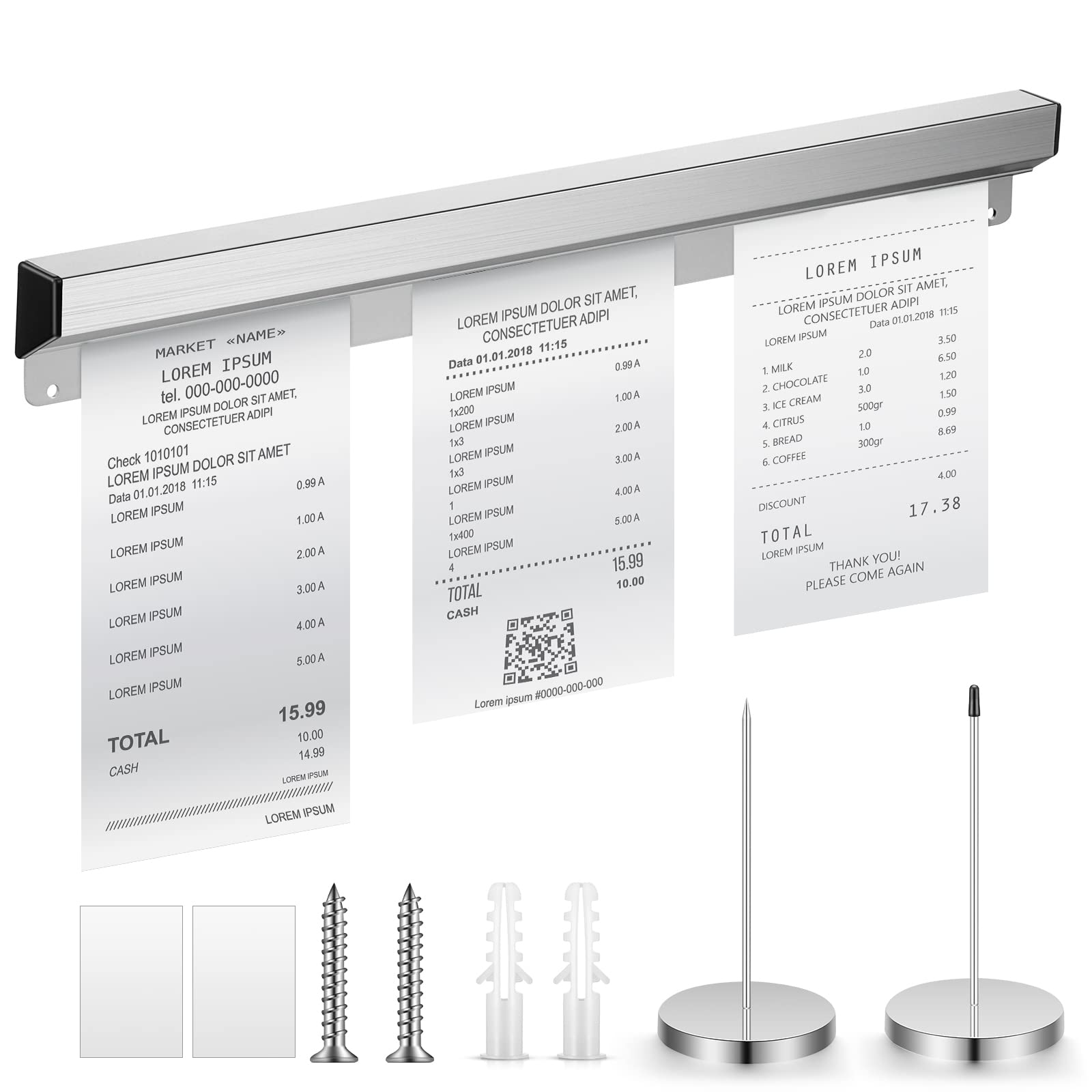 Aluminum Slide Check Rack with 2 Pcs Receipt Holder Spike Desk Receipt Holder Restaurant Ticket Holder Silver ticket Rail Bill Orders Display Rail for Kitchen Office Cafes Bar Note Organizer(16 Inch)