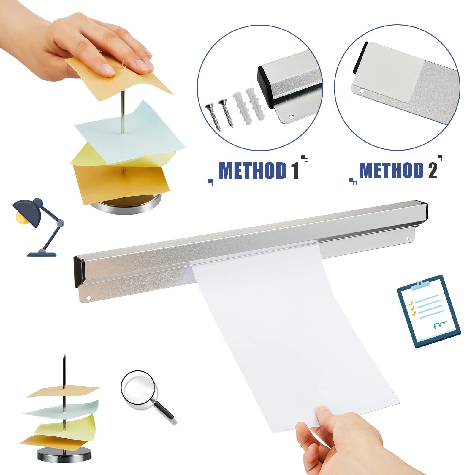 Aluminum Slide Check Rack with 2 Pcs Receipt Holder Spike Desk Receipt Holder Restaurant Ticket Holder Silver ticket Rail Bill Orders Display Rail for Kitchen Office Cafes Bar Note Organizer(16 Inch)