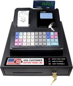 nadex cr360 cash register, 4700 lookups 50 dept 50 clerks, quick load thermal printer, compact size, cash and coin drawer, black