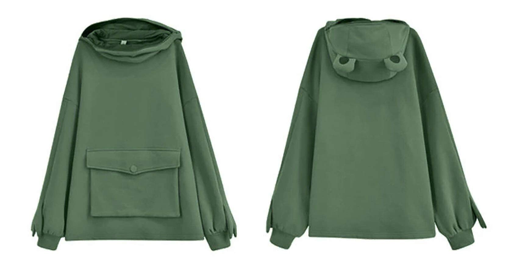 Women's/Girl's Cute Frog Hoodie Pullover Zipper Mouth Hooded Sweatshirt with Large Front Pocket Dark Green Large