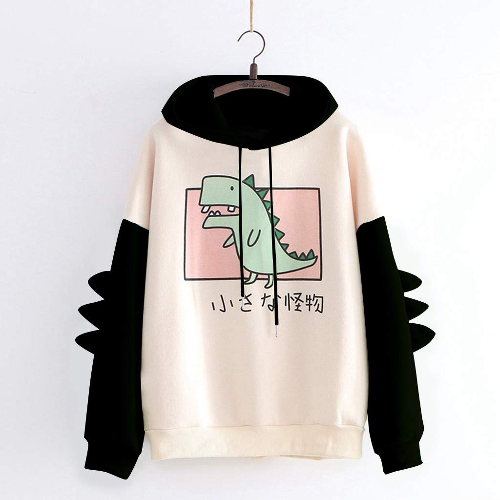 Meikosks Women's Dinosaur Sweatshirt Long Sleeve Splice Tops Cartoon Cute Hoodies Teens Girls Casual Pullover (hBlack, Large, l)