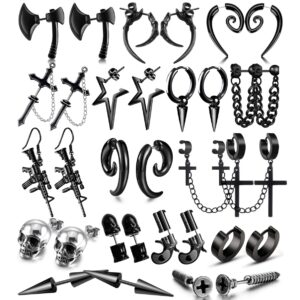 16 pairs stainless steel punk y2k black dangle earrings for men, axe skull screw cone etc huggie hoop long chain piercing hoop earrings set for unisex earrings for women