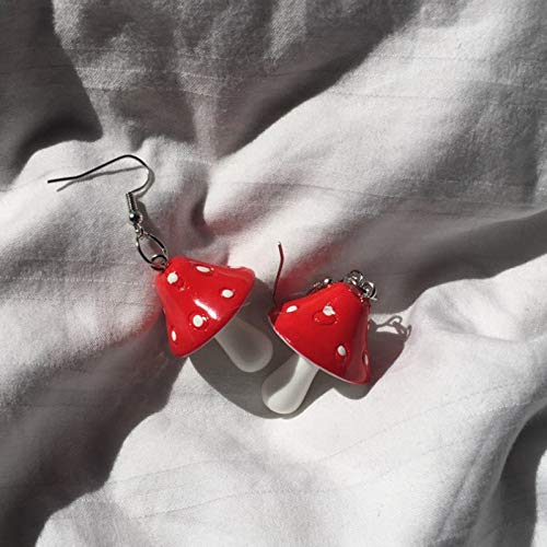 Cute Polka Dot Mushroom Drop Dangle Earrings Fun Simulation Mushroom Resin Earrings for Women Girls Food Jewelry (Red)