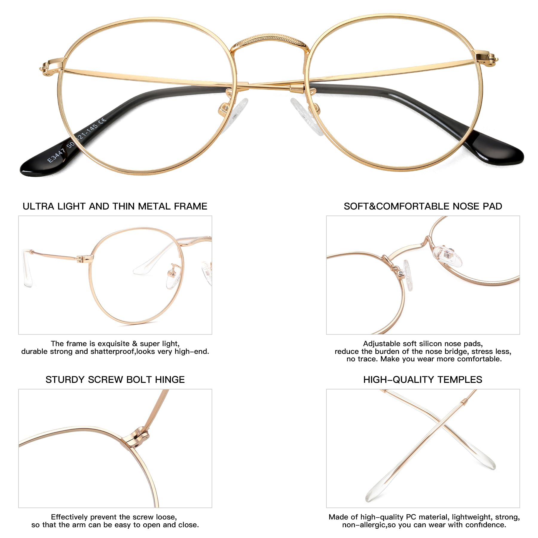 Pro Acme Classic Round Metal Clear Lens Glasses Frame Unisex Circle Eyeglasses (Gold)