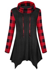 cestyle tunic sweaters to wear with leggings christmas plaid sweatshirts for women long sleeve asymmetrical hem dressy tops lightweight pullpver tops black red plaid xx-large