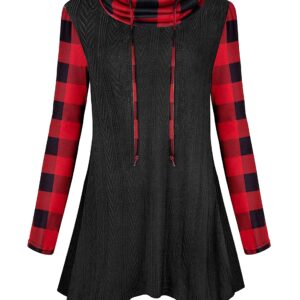 Cestyle Tunic Sweaters to wear with Leggings Christmas Plaid Sweatshirts for Women Long Sleeve Asymmetrical Hem Dressy Tops Lightweight Pullpver Tops Black Red Plaid XX-Large