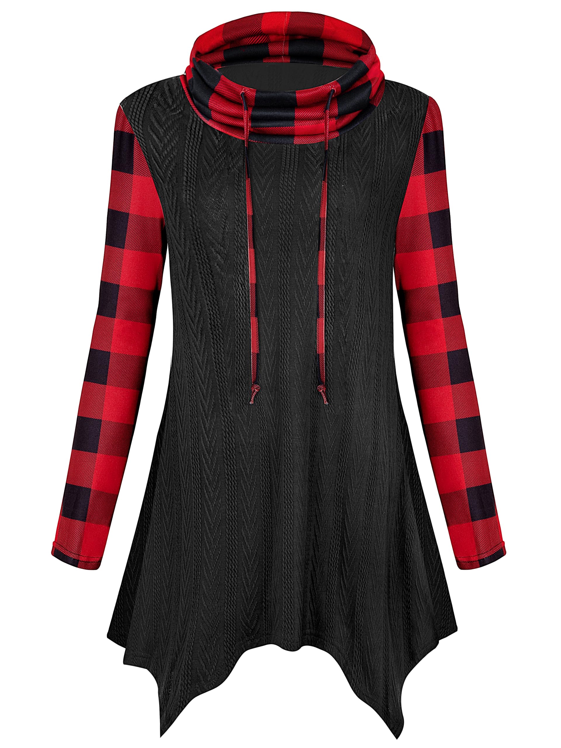 Cestyle Tunic Sweaters to wear with Leggings Christmas Plaid Sweatshirts for Women Long Sleeve Asymmetrical Hem Dressy Tops Lightweight Pullpver Tops Black Red Plaid XX-Large