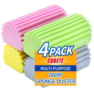 cobete damp clean duster sponge,4pack magic sponge eraser,reusable damp dusting sponge household cleaning for blinds, glass, baseboards,radiators,window track grooves(multi color)