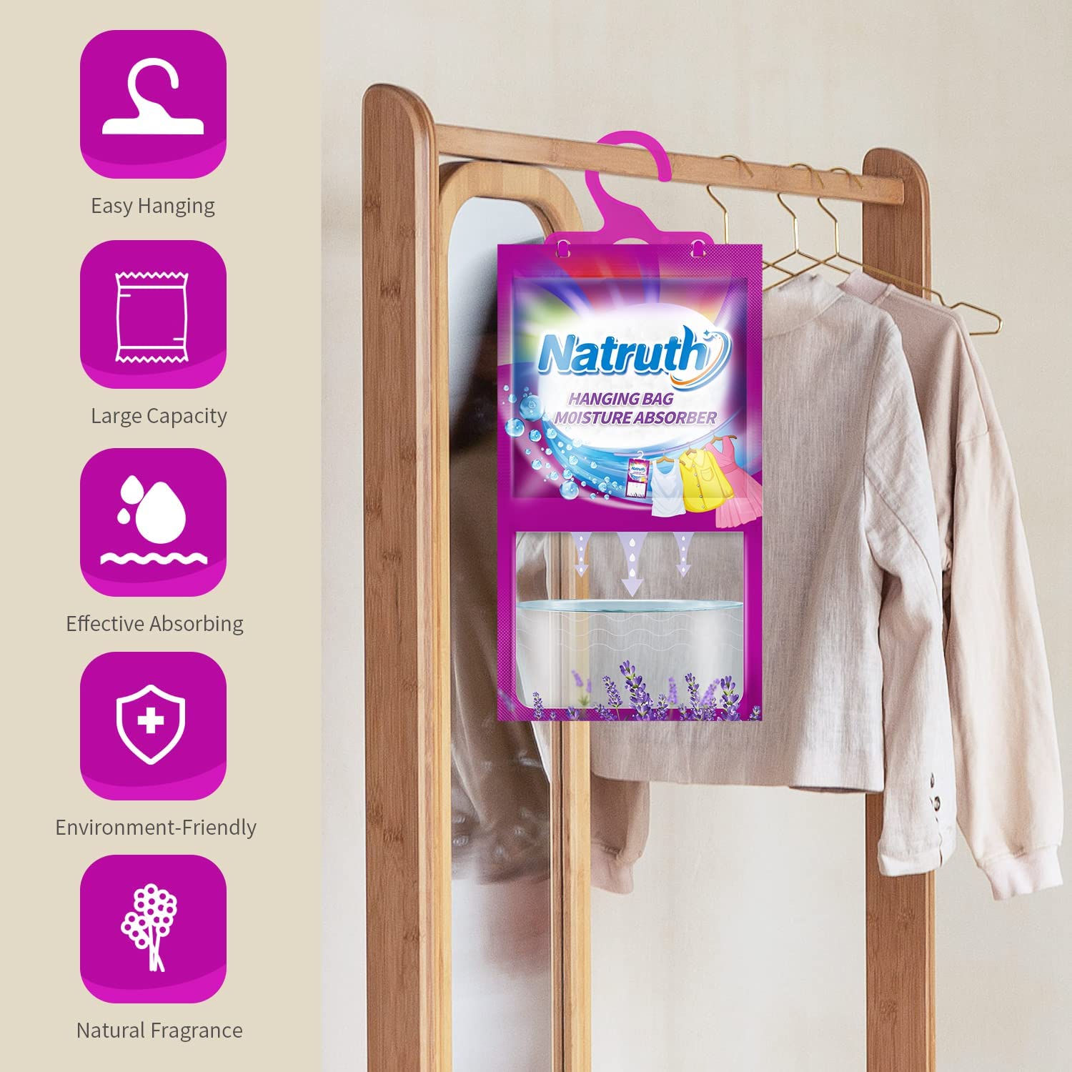 NATRUTH Moisture Absorber 7 HangingPackets（9.8oz*7）+ 3 Portable Boxs (10.5oz*3), Dehumidifiers with Lavender, Desiccant Hanging Bag Use for Kitchen Bathroom Wardrobe, Eliminates Odors, Odor Absorber