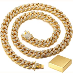 halukakah diamond cuban link 14mm,gold chain for men iced out miami 18k real gold plated choker necklace 16",full cz diamond cut prong set,with giftbox