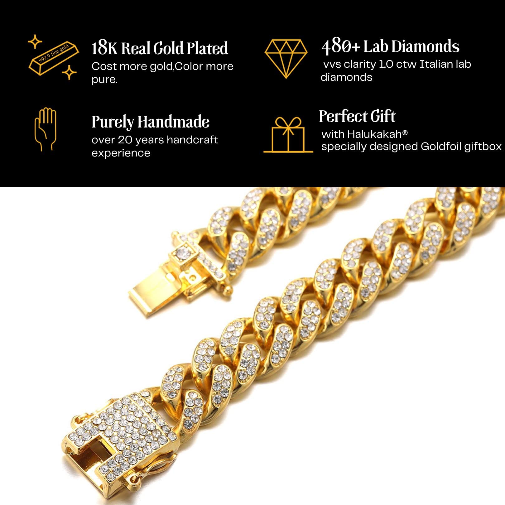 Halukakah Diamond Cuban Link 14MM,Gold Chain for Men Iced out Miami 18k Real Gold Plated Choker Necklace 16",Full Cz Diamond Cut Prong Set,with Giftbox