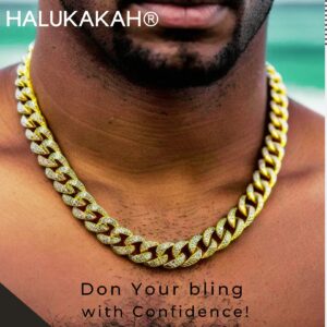 Halukakah Diamond Cuban Link 14MM,Gold Chain for Men Iced out Miami 18k Real Gold Plated Choker Necklace 16",Full Cz Diamond Cut Prong Set,with Giftbox