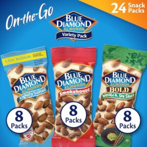 blue diamond almonds snack nut variety pack for kids, office, school, on-the-go, 0.75 oz gluten free individual packs, wasabi & soy sauce, lightly salted, and smokehouse (pack of 1,24 count total)