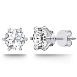 sugartang sterling silver 6prong moissanite earrings, 1ct d color, vvs1 clarity, round cut, hypoallergenic, lab-created diamond, 18k white gold plated for women