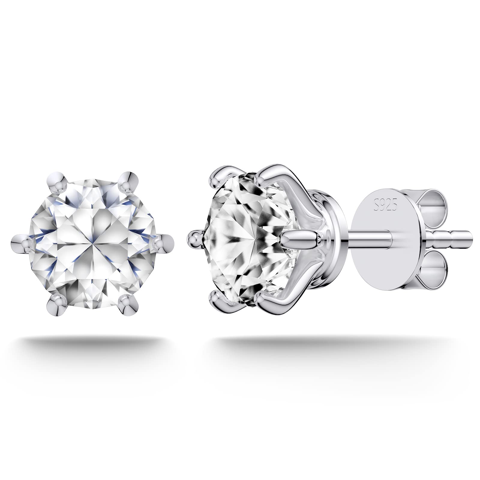 SugarTang Sterling Silver 6prong Moissanite Earrings, 1ct D Color, VVS1 Clarity, Round Cut, Hypoallergenic, Lab-Created Diamond, 18K White Gold Plated for Women