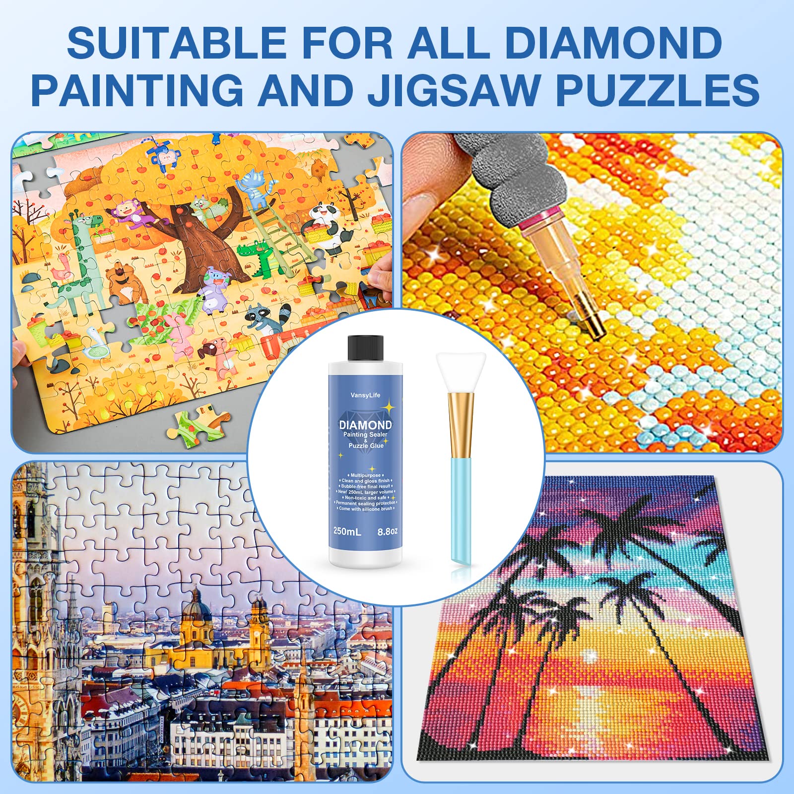 VansyLife Updated Diamond Painting Sealer 2 Pack 500ML with Silicone Brush, 5D Diamond Painting Glue Accessories Permanent Hold & Shine Effect for Diamond Painting and Jigsaw Puzzles (17.6 OZ)