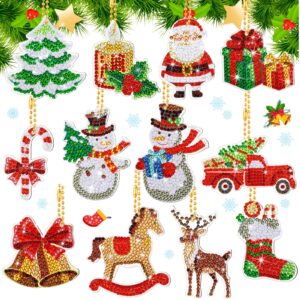 ferraycle 12 pieces christmas diamond painting kits 5d diy diamond painting keychain christmas hanging diamond art kits diamond art christmas ornaments for kids crafts family decor (classic style)