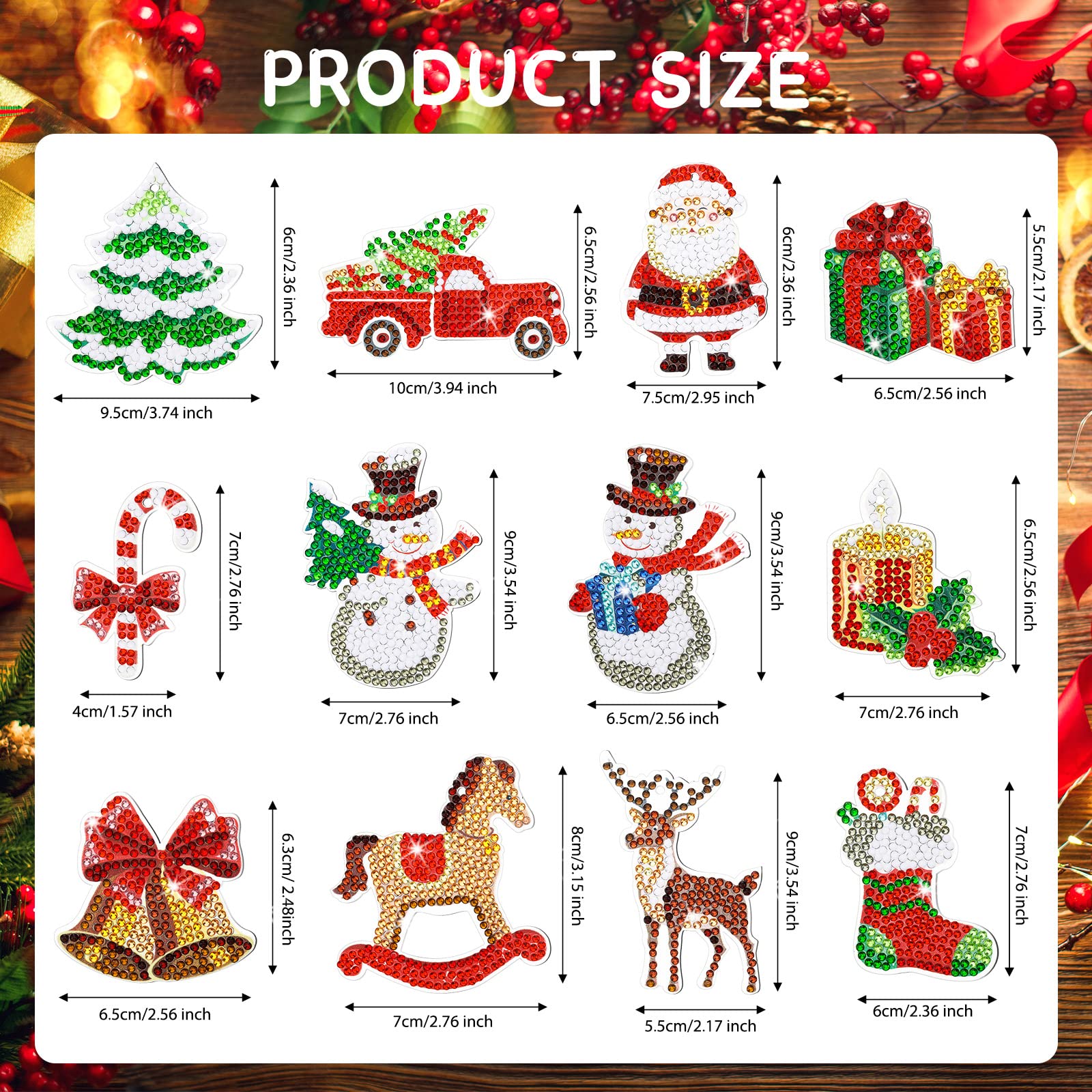 Ferraycle 12 Pieces Christmas Diamond Painting Kits 5D DIY Diamond Painting Keychain Christmas Hanging Diamond Art Kits Diamond Art Christmas Ornaments for Kids Crafts Family Decor (Classic Style)