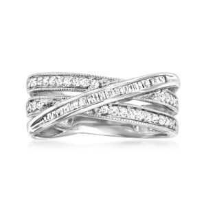 ross-simons 0.33 ct. t.w. round and baguette diamond crisscross ring in sterling silver. size 10