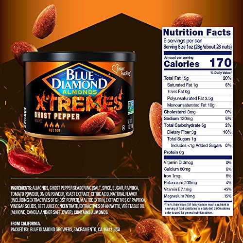 Blue Diamond Almonds XTREMES Ghost Pepper Flavored Snack Nuts, 6 Oz Resealable Cans (Pack of 1)