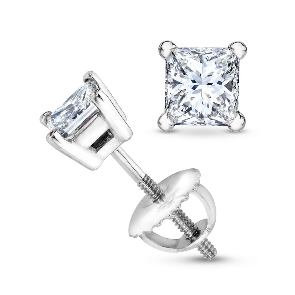 Houston Diamond District - 1/2 0.5 Carat Princess Cut Stud Earrings Earth-mined 14K White Gold (I-J I1-I2)