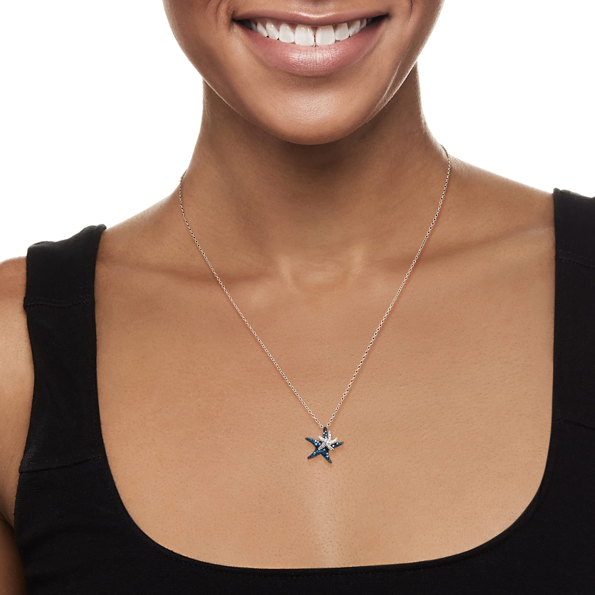 Ross-Simons 0.20 ct. t.w. Blue and White Diamond Starfish Pendant Necklace in Sterling Silver. 18 inches