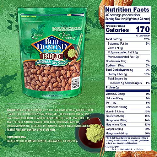 Blue Diamond Almonds Wasabi & Soy Sauce Flavored Snack Nuts, 40 Oz Resealable Bag (Pack of 1)