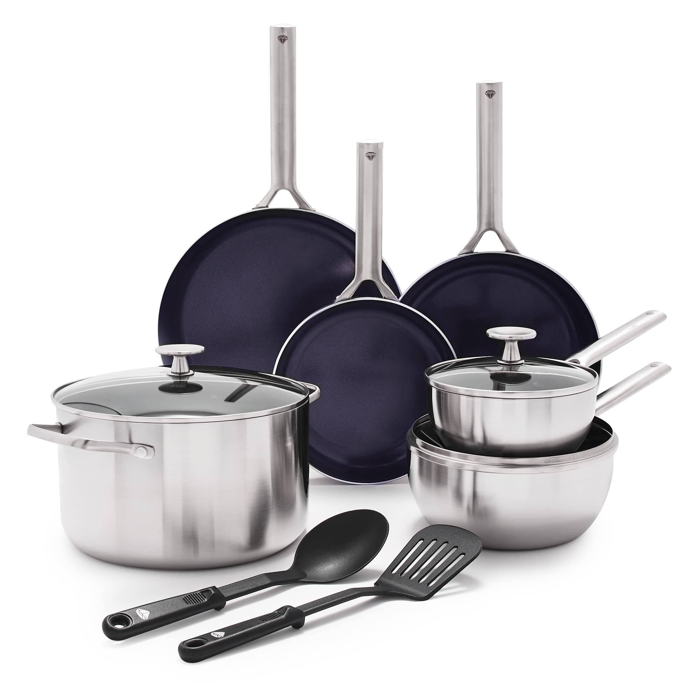 Blue Diamond Cookware Tri-Ply Stainless Steel Ceramic Nonstick, 11 Piece Cookware Pots and Pans Set, PFAS-Free, Multi Clad, Induction, Dishwasher Safe, Oven Safe, Silver