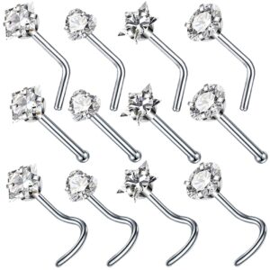 sovsefd 12 pcs 20 gauge stainless steel nose rings studs l crook bone shaped crook nose fake septum rings body piercing jewelry 3mm diamond cz nose stud l bend for women men girl piercing (silver)