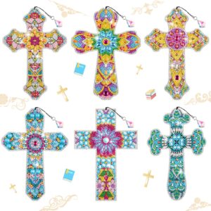 ireer 6 pcs cross 5d diamond art kit for kids adult diy painting kit religious crystal cross diamond bookmarks for reading lover home office school project read diy crafts gifts, 6 styles